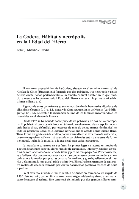(PDF) La Codera: hábitat y necrópolis en la I Edad del Hierro