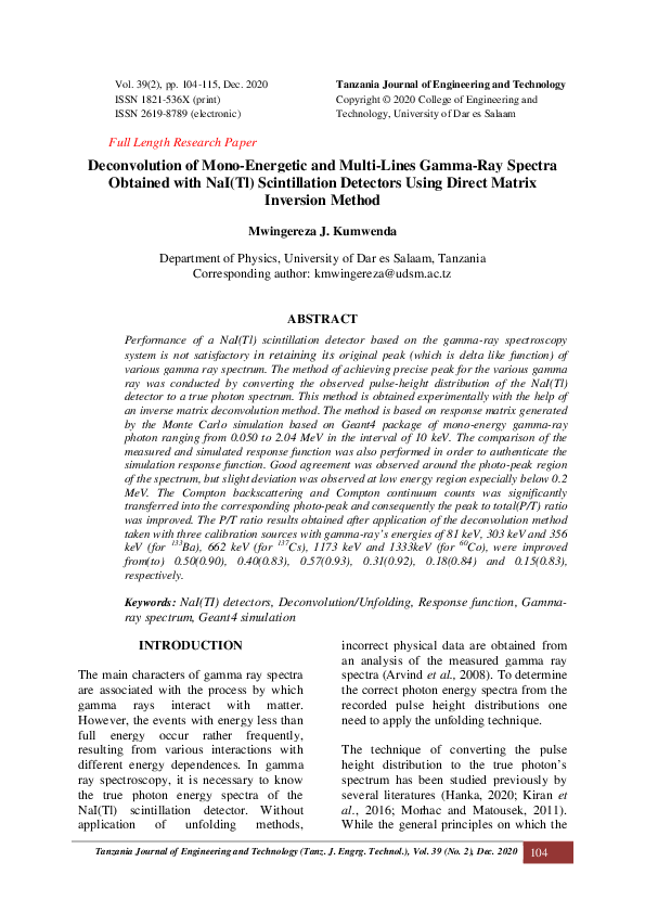 (PDF) Deconvolution of Mono-Energetic and Multi-Lines Gamma-Ray Spectra Obtained with NaI(Tl ...