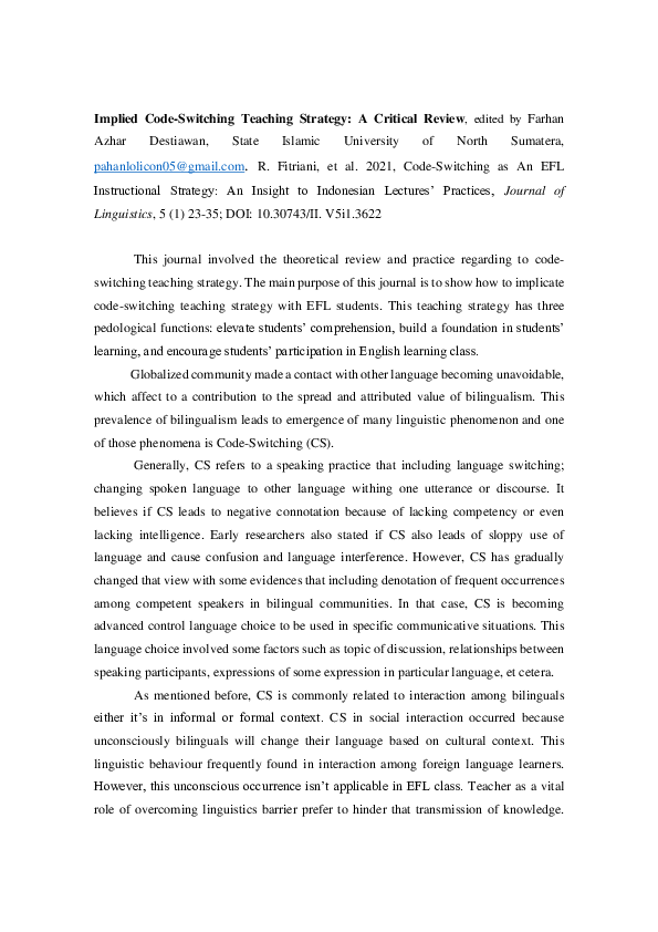 (PDF) Implied Code-Switching Teaching Strategy: A Critical Review