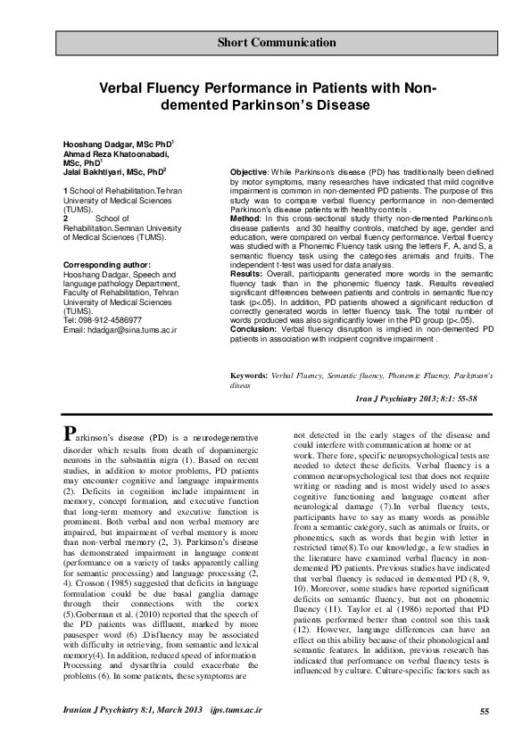 (PDF) Verbal Fluency Performance in Patients with Non-demented Parkinson's Disease