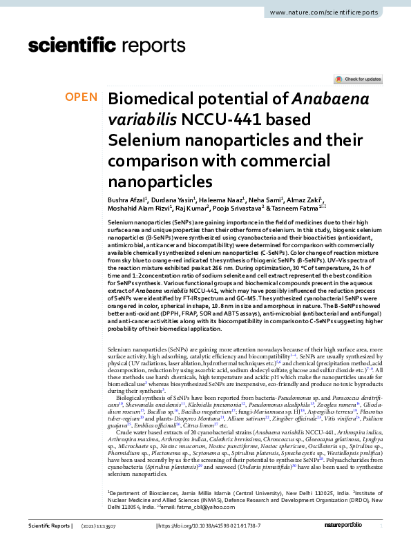 (PDF) Biomedical potential of Anabaena variabilis NCCU-441 based ...