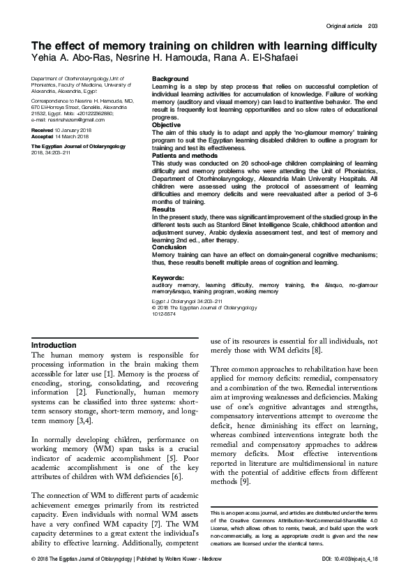 (PDF) The effect of memory training on children with learning difficulty