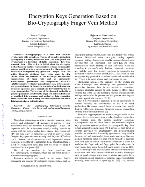 Pdf Encryption Keys Generation Based On Bio Cryptography Finger Vein Method Tomas Trainys