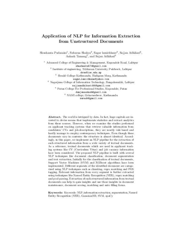 Pdf Application Of Nlp For Information Extraction From Unstructured