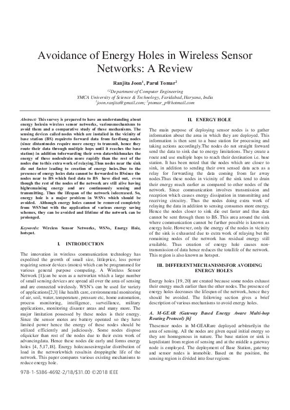 (PDF) Avoidance of Energy Holes in Wireless Sensor Networks: A Review