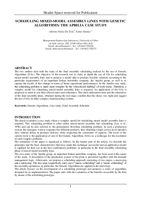 (PDF) Scheduling mixed-model assembly lines with genetic algorithms: the Aprilia case study