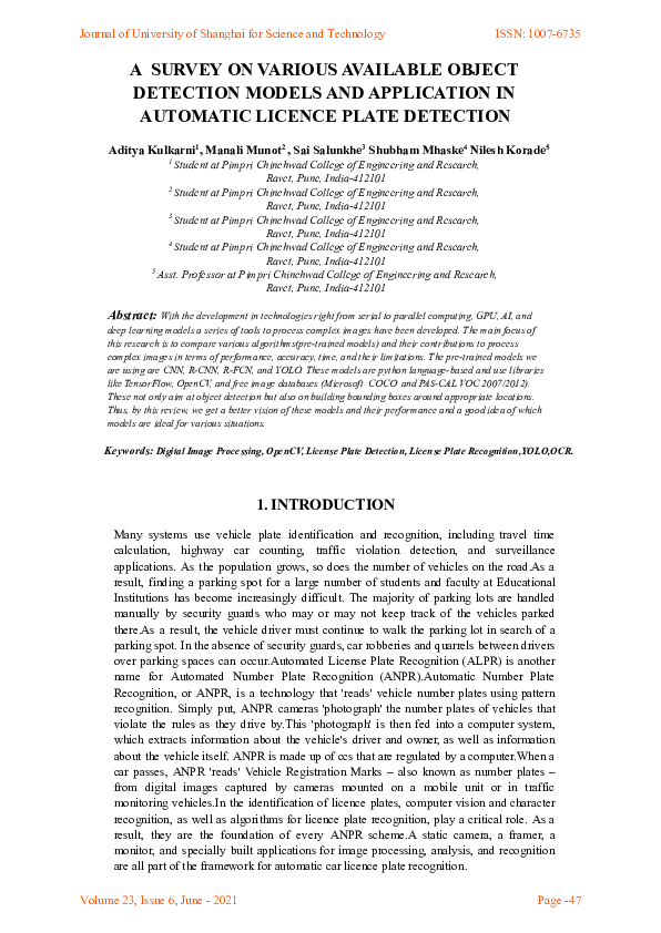 (PDF) A Survey on Various Available Object Detection Models and Application In Automatic License ...