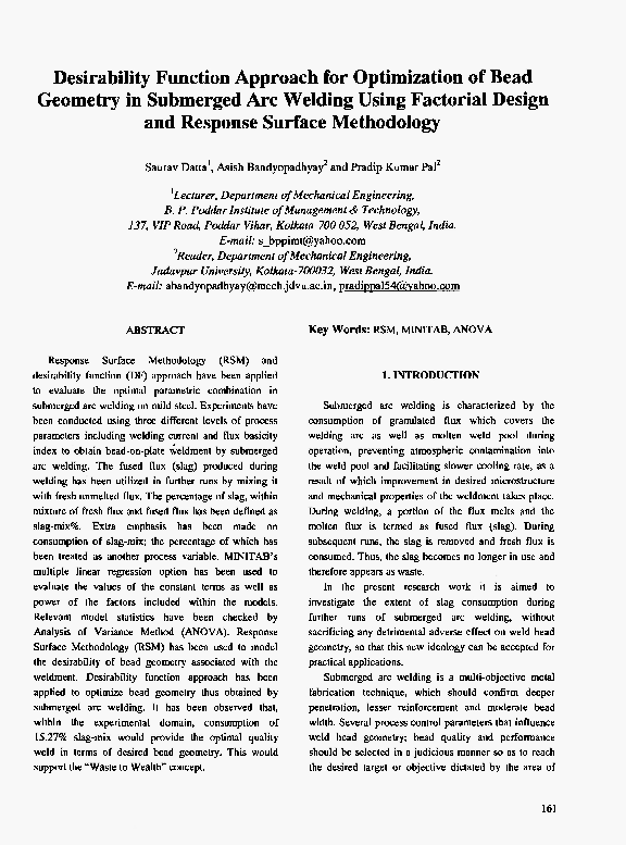 (PDF) Desirability Function Approach for Optimization of Bead Geometry in Submerged Arc Welding ...