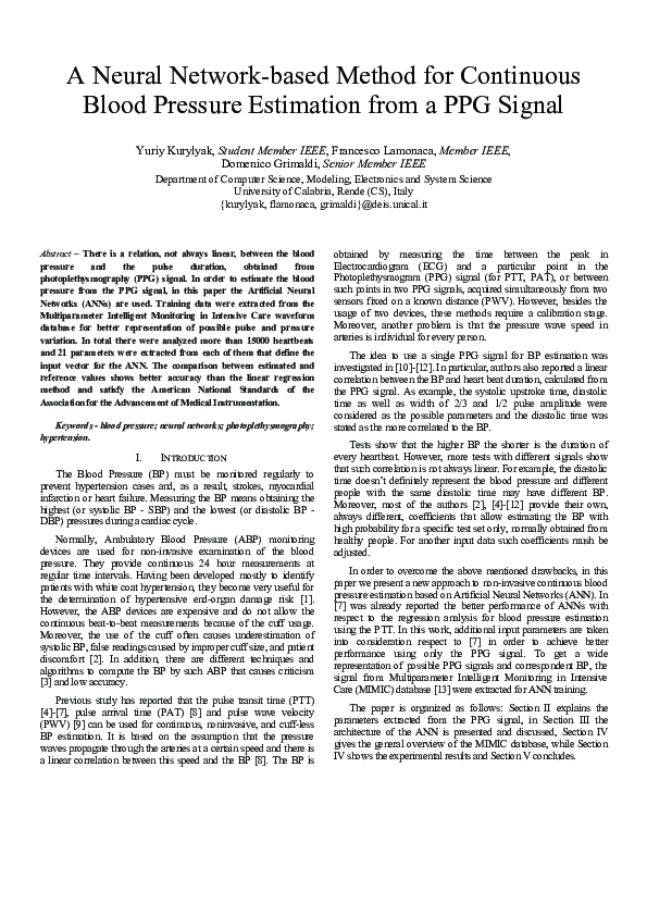 (PDF) A Neural Network-based method for continuous blood pressure estimation from a PPG signal