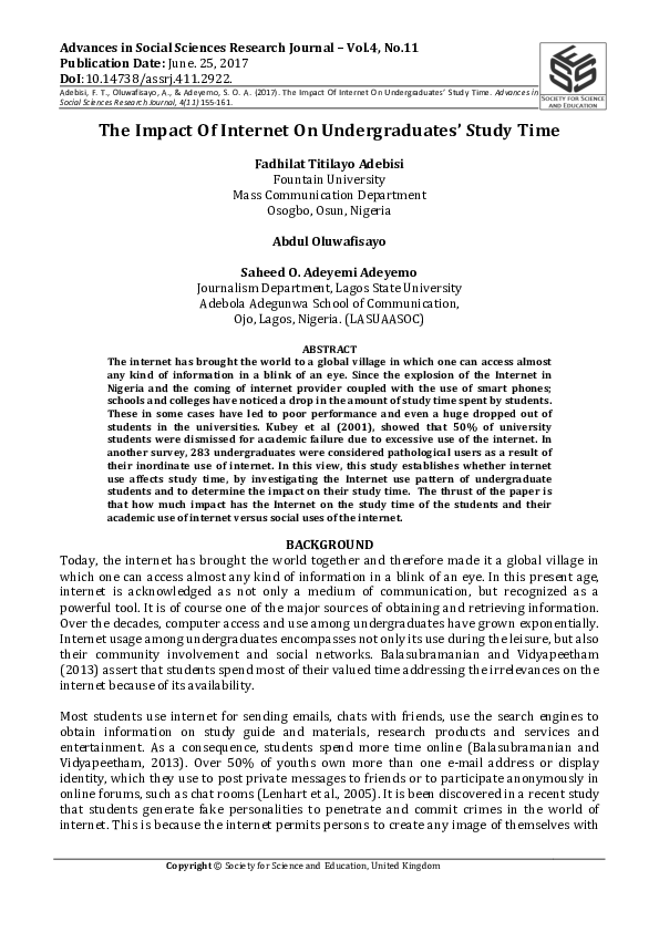 (PDF) The Impact Of Internet On Undergraduates’ Study Time
