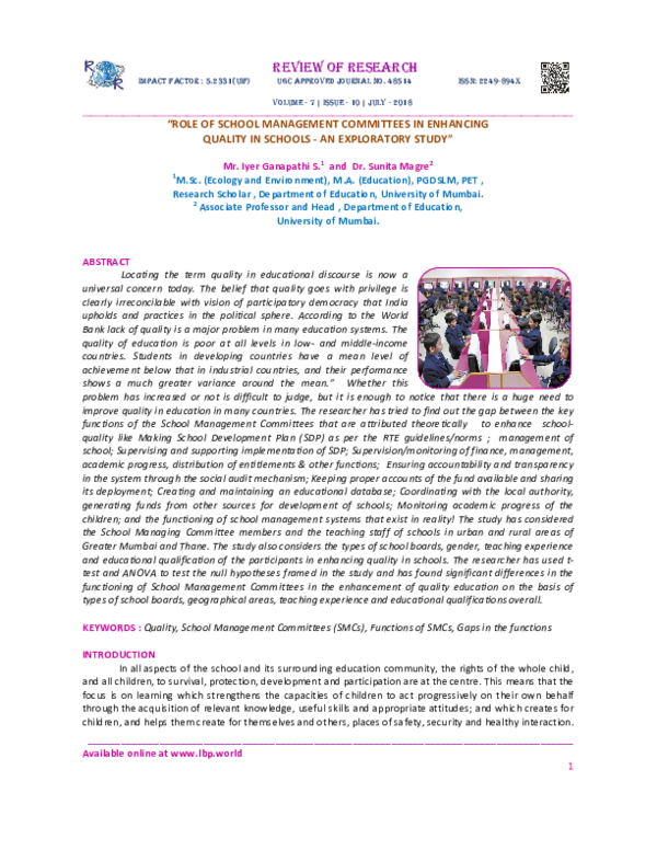 (PDF) “ Role of School Management Committees in Enhancing Quality in ...
