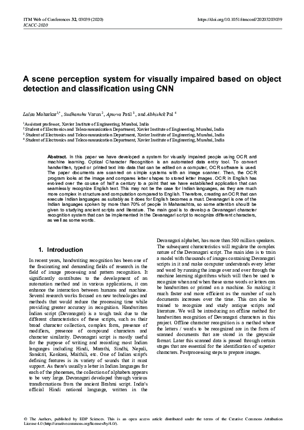 (PDF) A scene perception system for visually impaired based on object detection and ...
