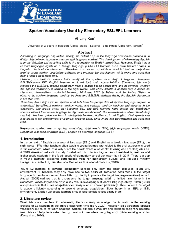 (PDF) Spoken Vocabulary Used by Elementary ESL/EFL Learners