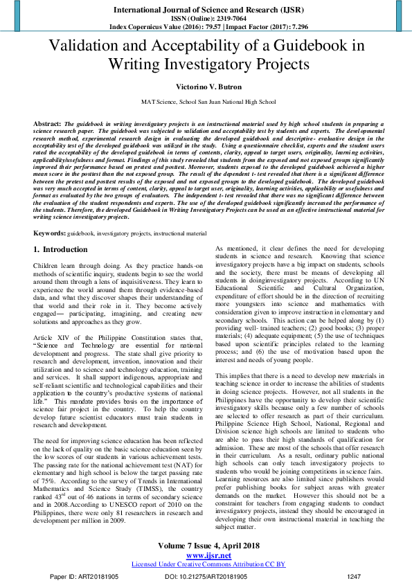 Pdf Validation And Acceptability Of A Guidebook In Writing Investigatory Projects