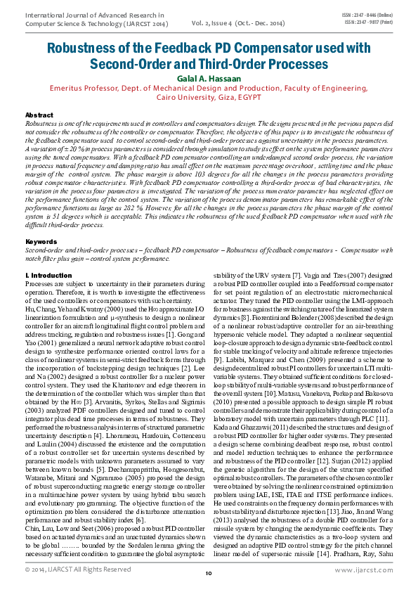 (PDF) Robustness of the Feedback PD Compensator used with Second-Order and Third-Order Processes