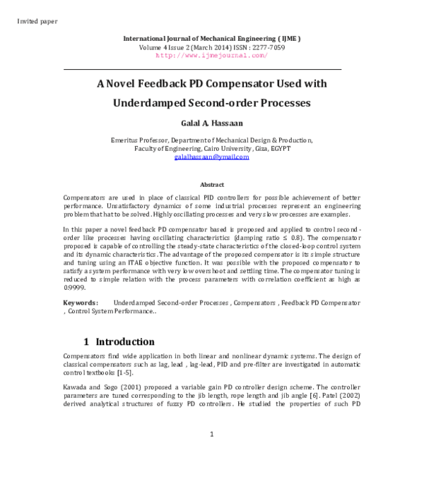 (PDF) A Novel Feedback PD Compensator Used with Underdamped Second-order Processes
