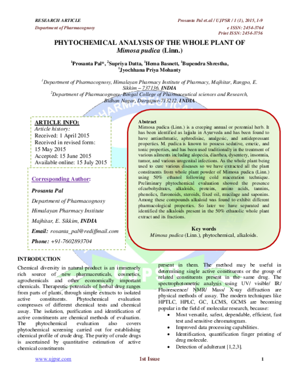 (PDF) PHYTOCHEMICAL ANALYSIS OF THE WHOLE PLANT OF Mimosa pudica ( Linn . ) 1 | Prosanta Pal ...