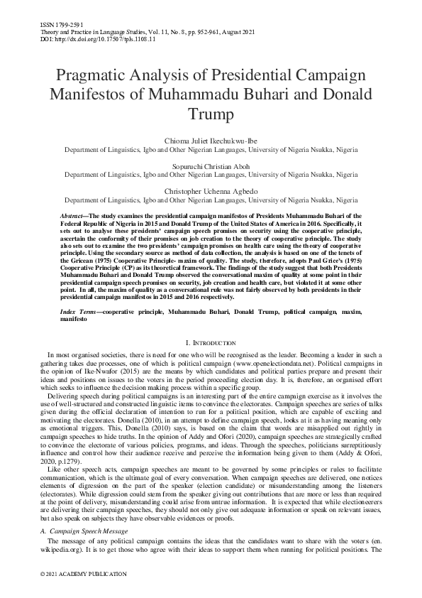 (PDF) Pragmatic Analysis of Presidential Campaign Manifestos of ...
