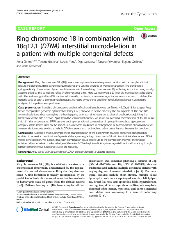 (PDF) Ring chromosome 18 in combination with 18q12.1 (DTNA ...