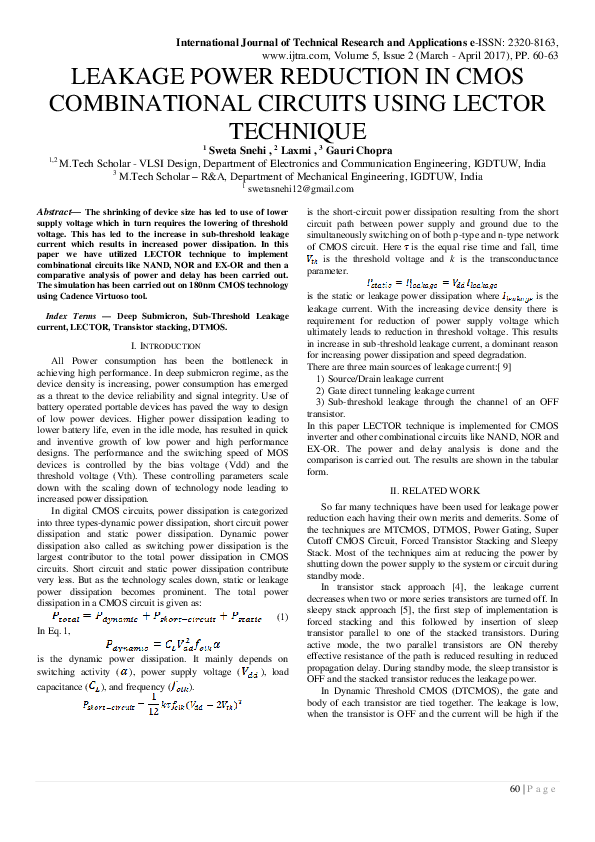 Pdf Leakage Power Reduction In Cmos Combinational Circuits Using Lector Technique