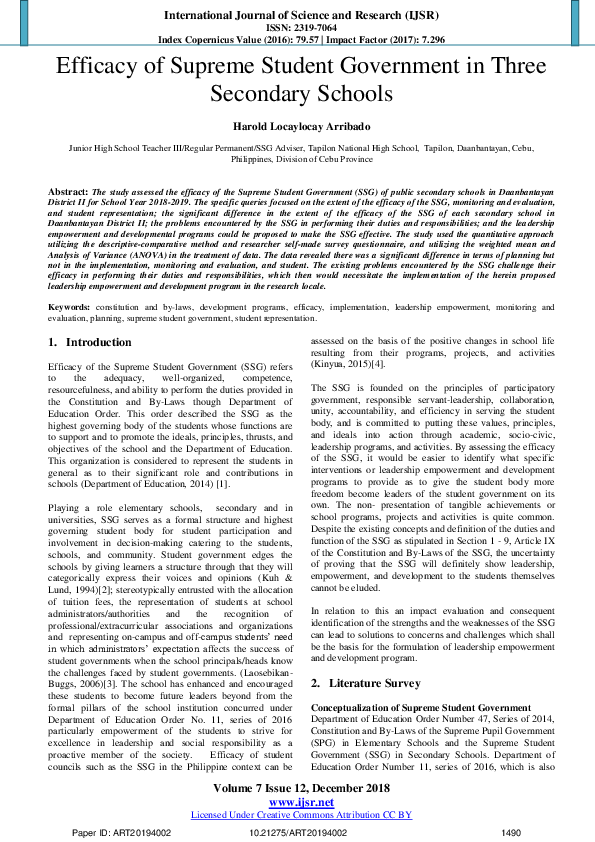 (PDF) Efficacy of Supreme Student Government in Three Secondary Schools