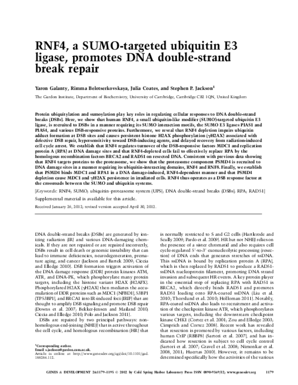 (PDF) RNF4, a SUMO-targeted ubiquitin E3 ligase, promotes DNA double ...