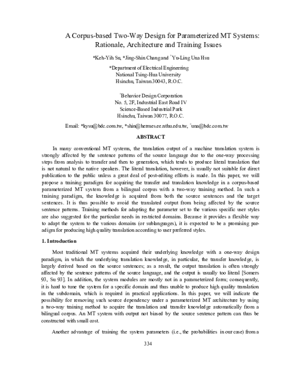 (PDF) A Corpus-based Two-Way Design for Parameterized MT Systems ...