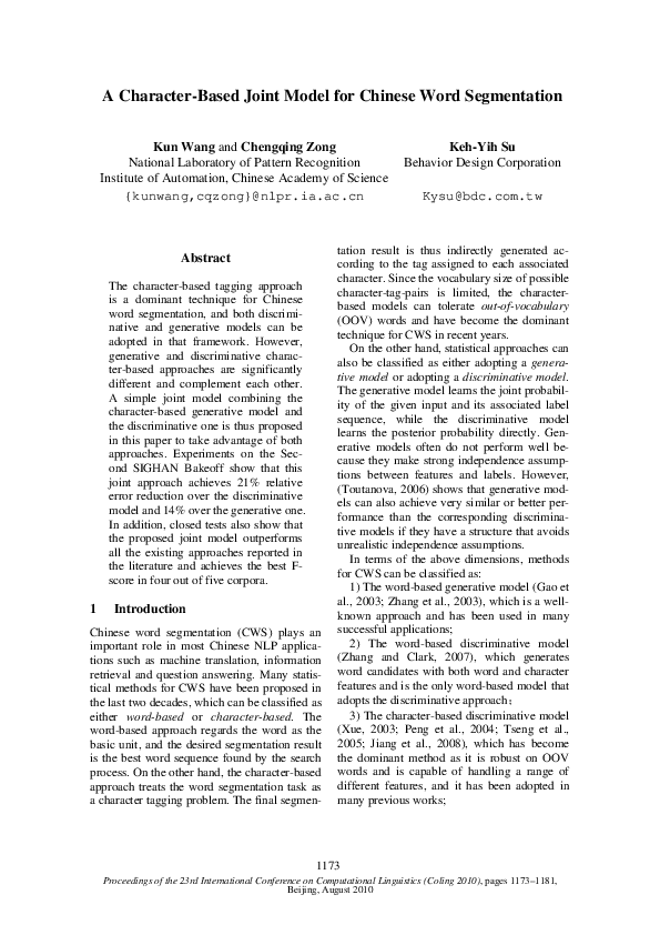 Pdf A Character Based Joint Model For Chinese Word Segmentation