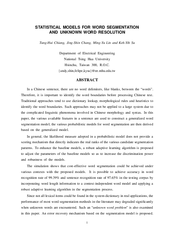 (PDF) Statistical Models for Word Segmentation and Unknown Word Resolution