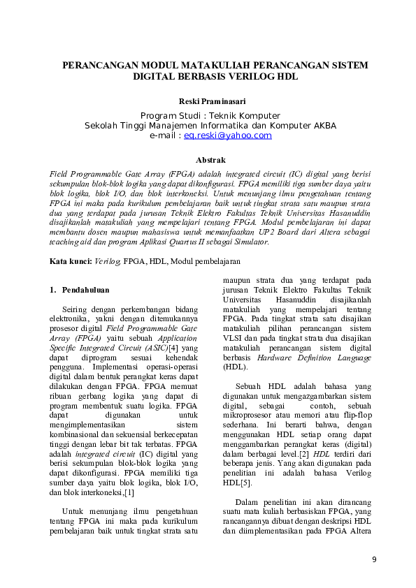 (PDF) Perancangan Modul Mata Kuliah Perancangan Sistem Digital Berbasis Verilog HDL