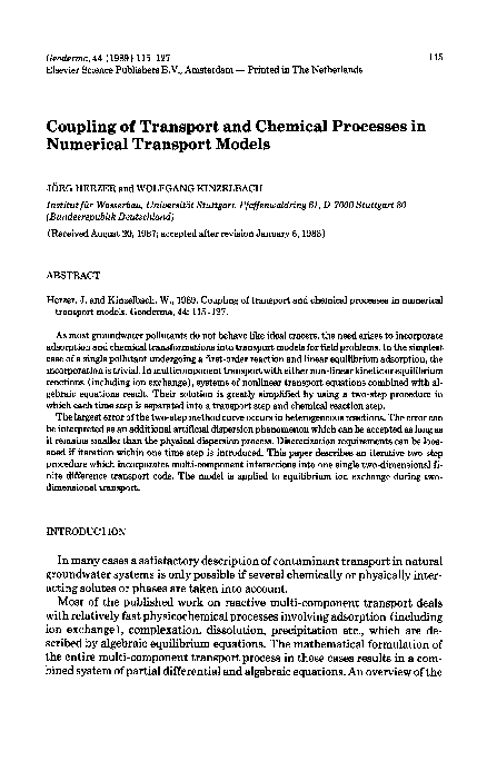 (PDF) Coupling of transport and chemical processes in numerical ...