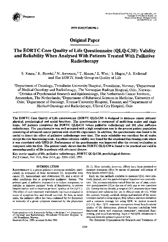 (PDF) The EORTC Core Quality of Life questionnaire (QLQ-C30): validity and reliability when ...
