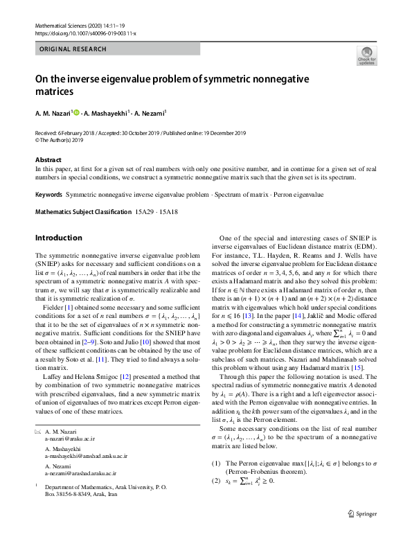 (PDF) On the inverse eigenvalue problem of symmetric nonnegative matrices