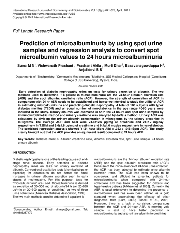 (PDF) Prediction of microalbuminuria by using spot urine samples and ...