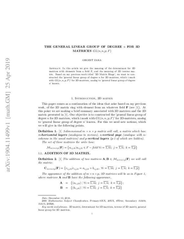 (PDF) The general linear group of degree $n$ for $3$D matrices $GL(n,n ...
