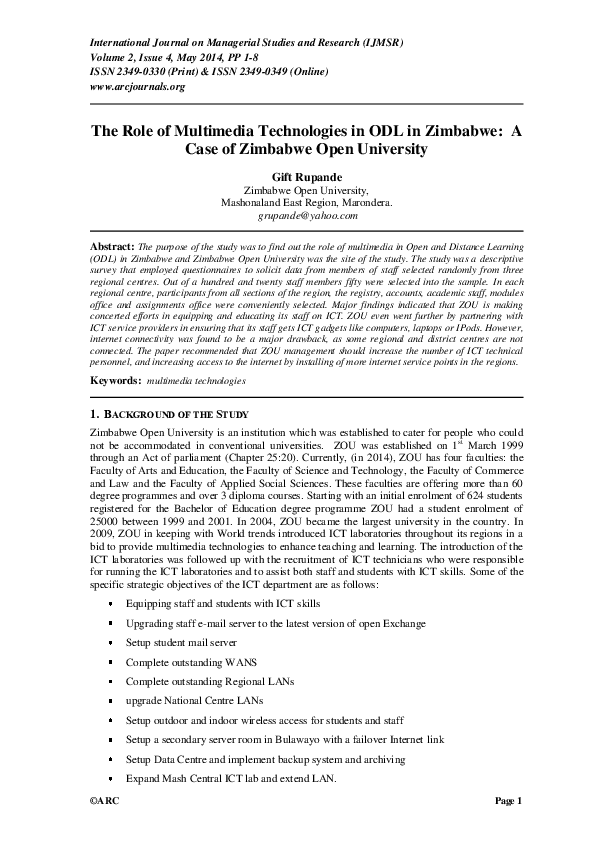 (PDF) The Role of Multimedia Technologies in ODL in Zimbabwe: ACase of ...