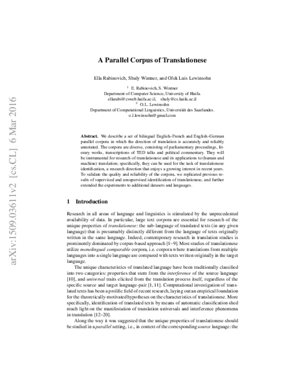 (PDF) A Parallel Corpus of Translationese