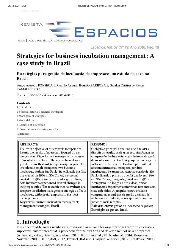 (PDF) Strategies for business incubation management: A case study in Brazil