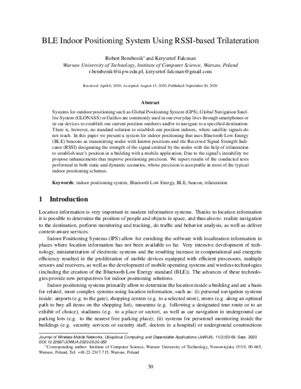 Pdf Ble Indoor Positioning System Using Rssi Based Trilateration Krzysztof Falcman 