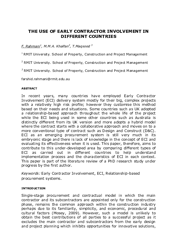 (PDF) The use of early contractor involvement in different countries