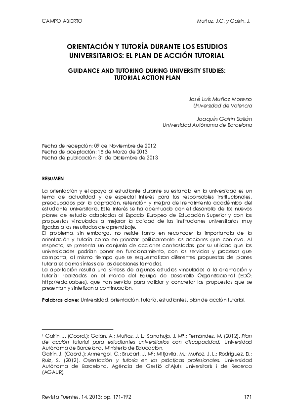 (PDF) Orientación y Tutoría Durante Los Estudios Universitarios: El Plan De Acción Tutorial ...