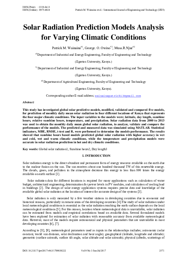 (PDF) Solar Radiation Prediction Models Analysis for Varying Climatic ...