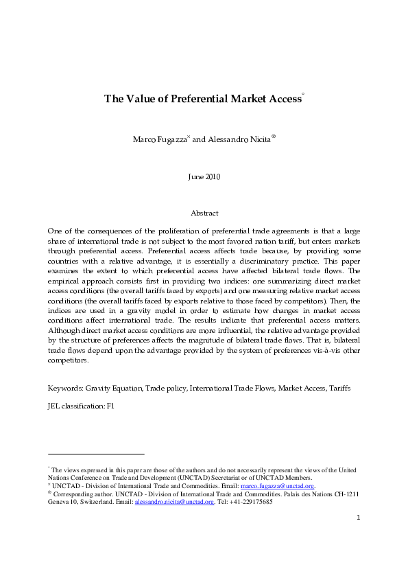 (PDF) The Value of Preferential Market Access ° | marco fugazza ...