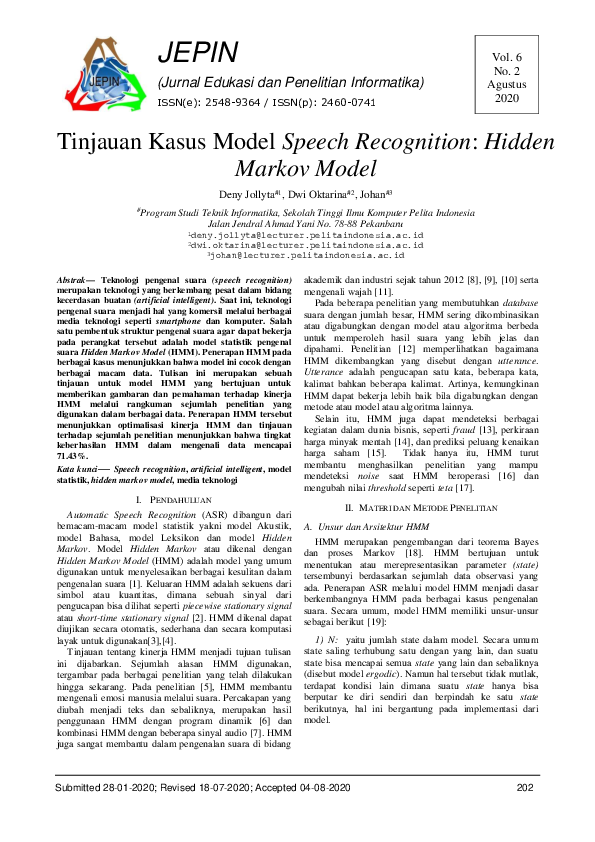 (PDF) Tinjauan Kasus Model Speech Recognition: Hidden Markov Model