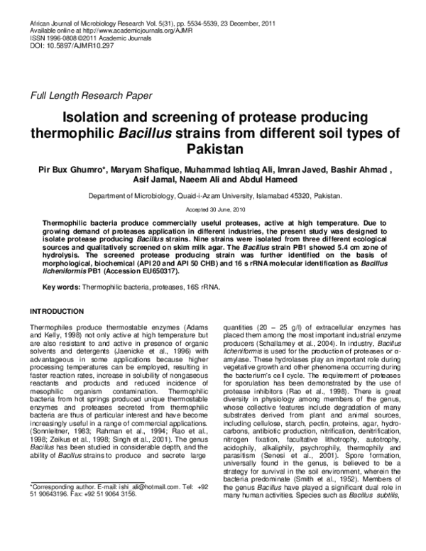 (PDF) Isolation and screening of protease producing thermophilic Bacillus strains from different ...