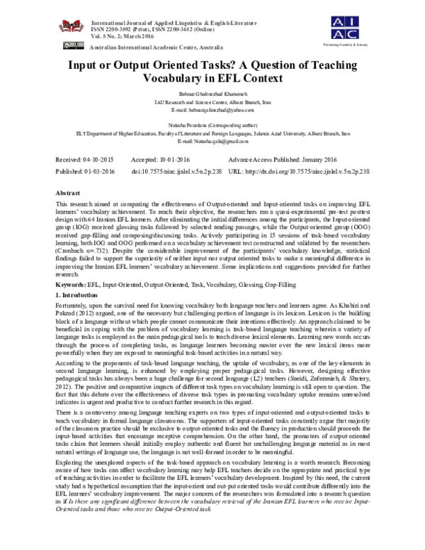 Pdf Input Or Output Oriented Tasks A Question Of Teaching Vocabulary 9146