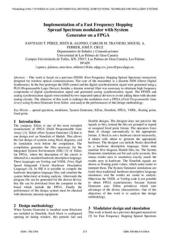 Pdf Implementation Of A Fast Frequency Hopping Spread Spectrum Modulator With System Generator