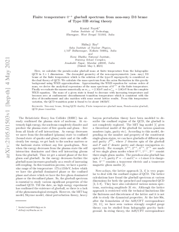 (PDF) Finite temperature $0^{-+}$ glueball spectrum from non-susy D3 brane of Type IIB string theory