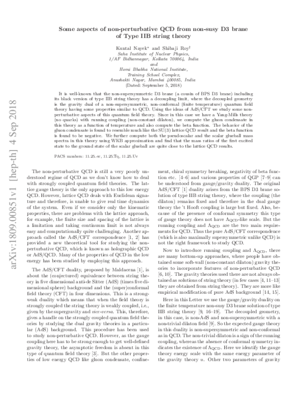 (PDF) Some aspects of non-perturbative QCD from non-susy D3 brane of Type IIB string theory