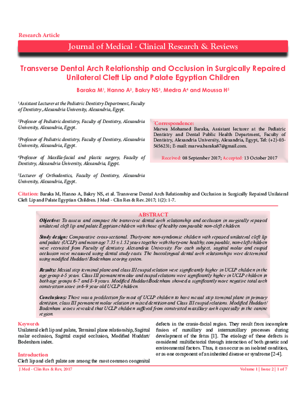 (PDF) Transverse Dental Arch Relationship and Occlusion in Surgically Repaired Unilateral Cleft ...